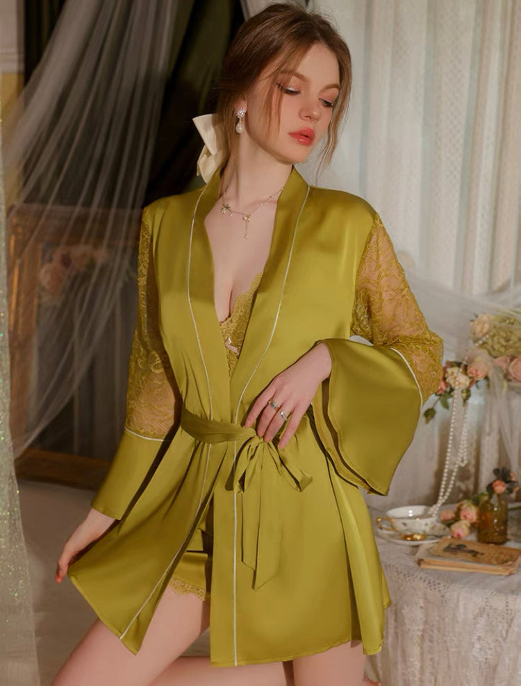 Satin Lace Nightgown Silky Embroidery Lingerie Pajama Lace Robe Br