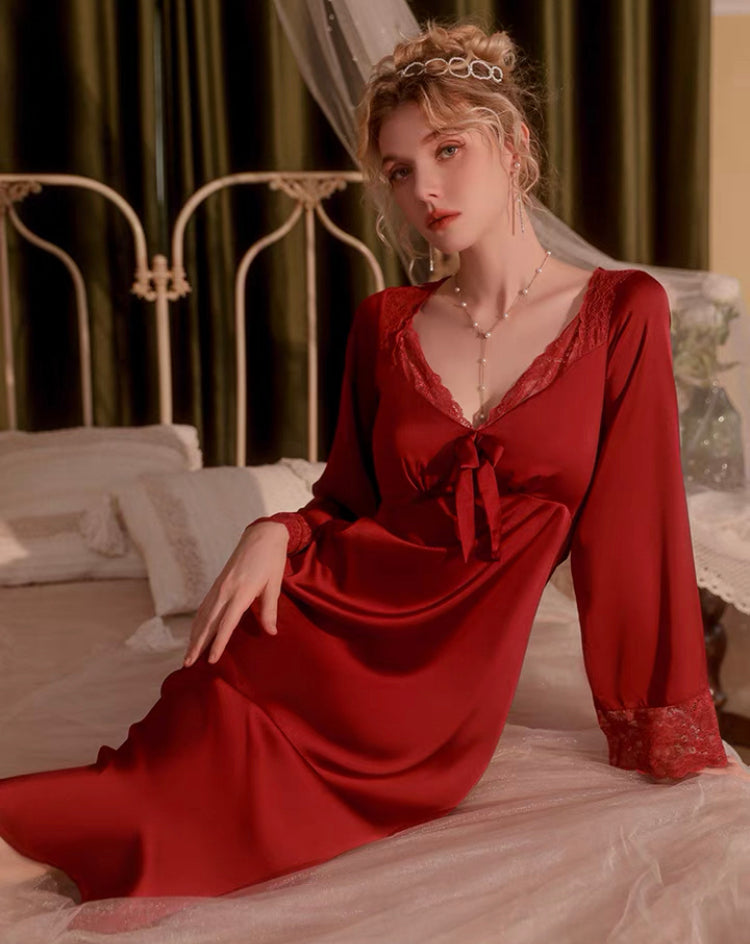 Retro Style Satin Lace Nightgown Silky Nightie Robe Lingerie Pajam
